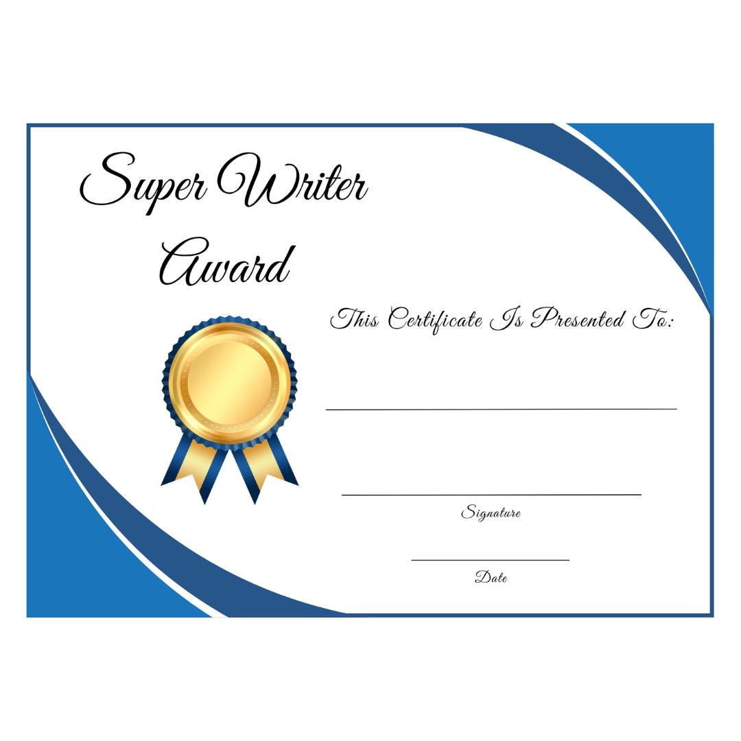 Super Writer Award Certificate / Instant Easy Premade Printable / Any ...