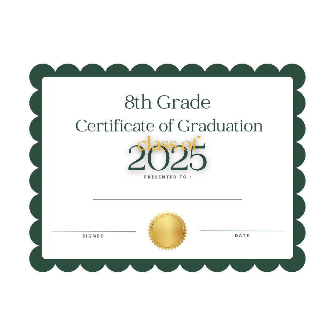 Class of 2025 Eighth Grade Graduation Diploma Certificate Premade ...