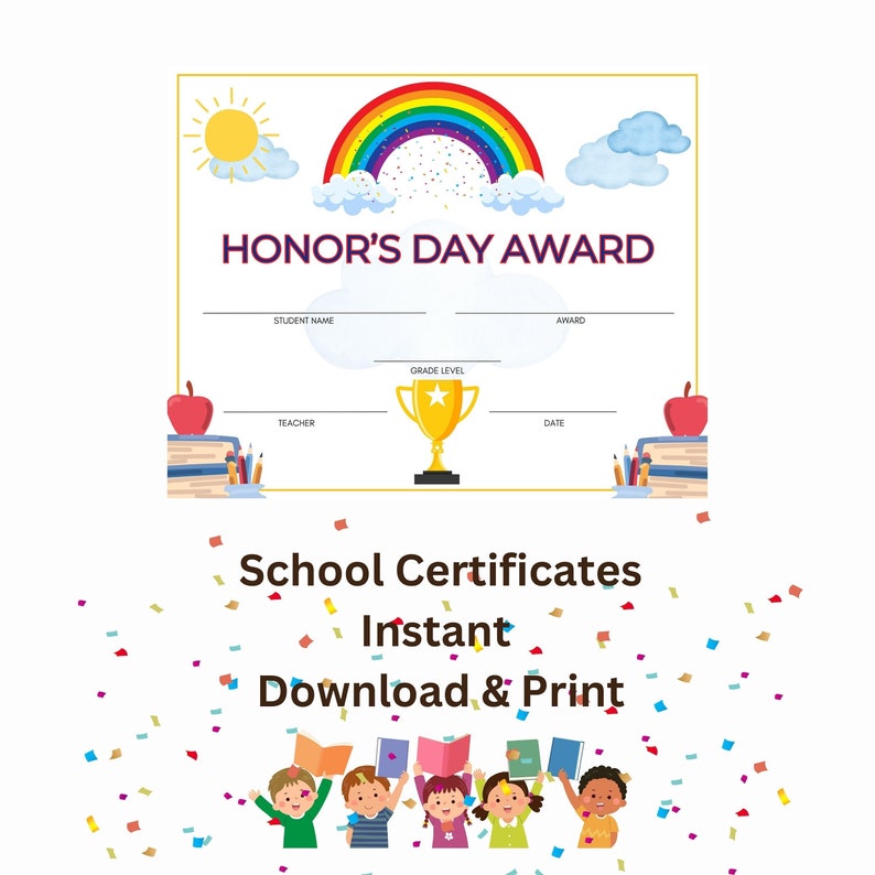 Kid's Student Honor's Day Award Certificate Rainbow Instant Download ...
