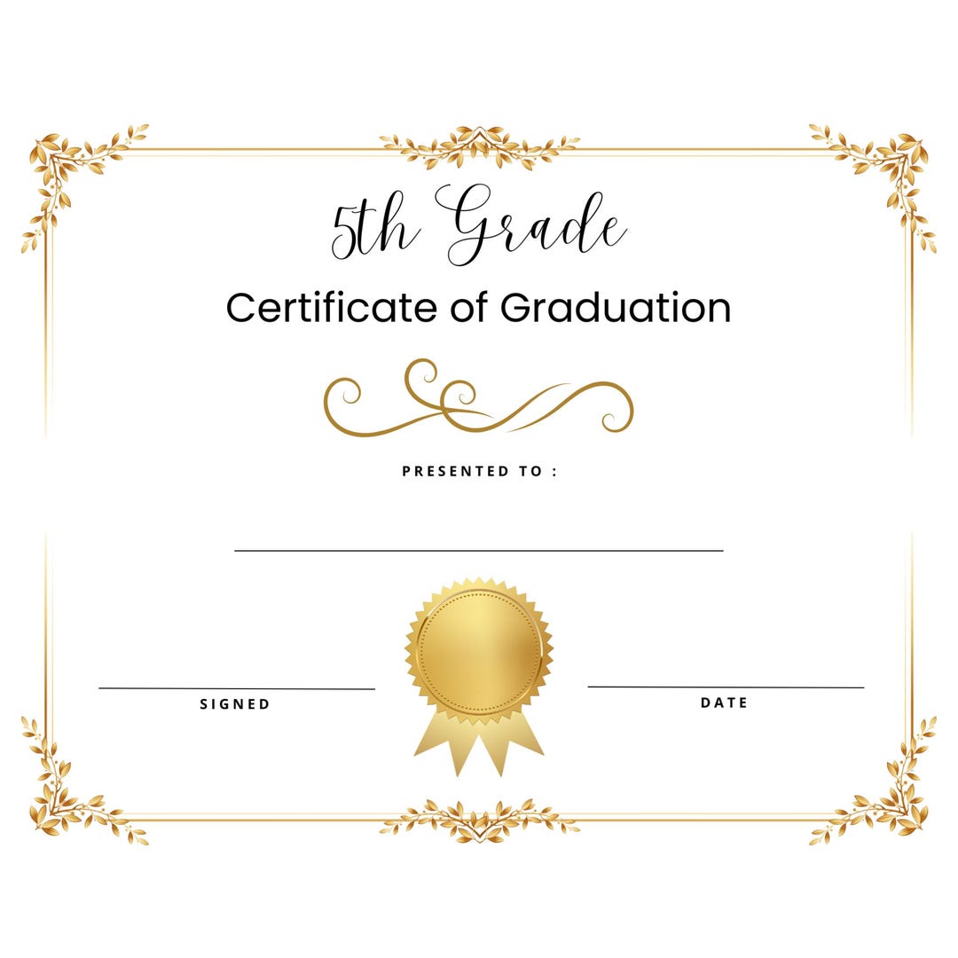 ANY GRADE LEVEL 5th Fifth Grade Graduation Diploma Certificate School ...