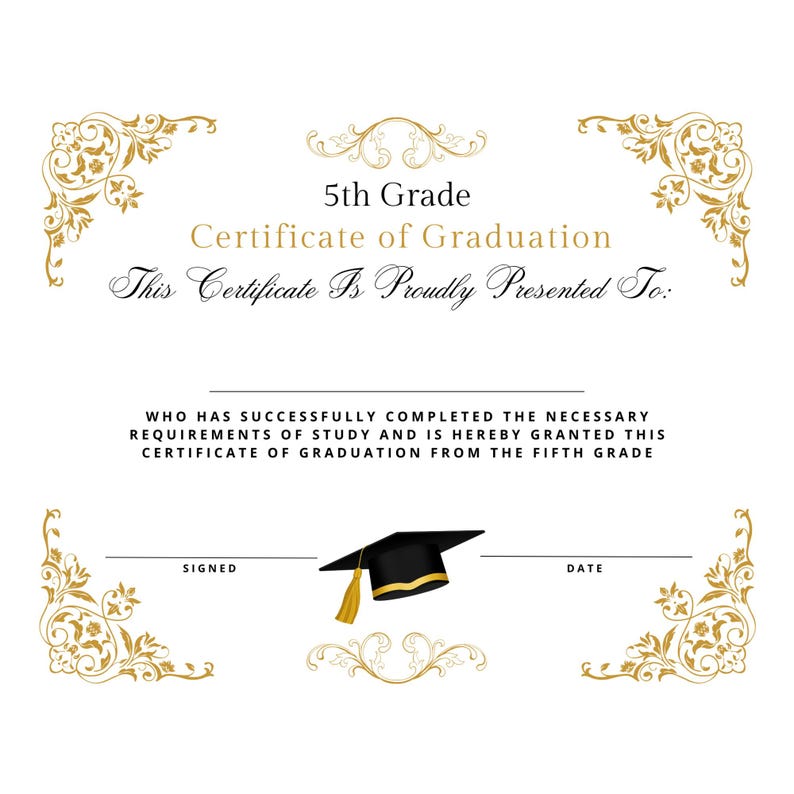 Fifth 5th Grade Graduation Diploma Certificate School Promotion Gold ...