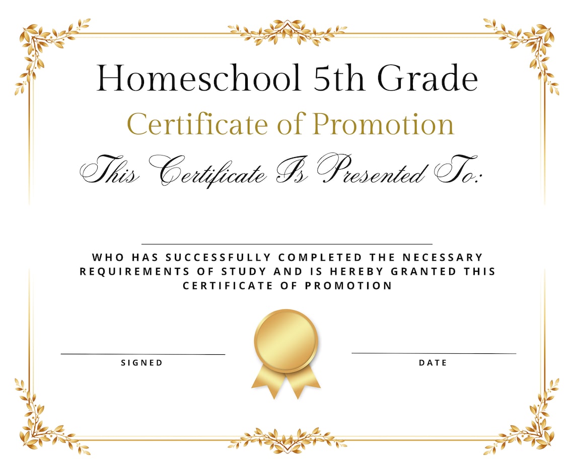 Homeschool 5th Fifth Grade Graduation Diploma Certificate Promotion ...