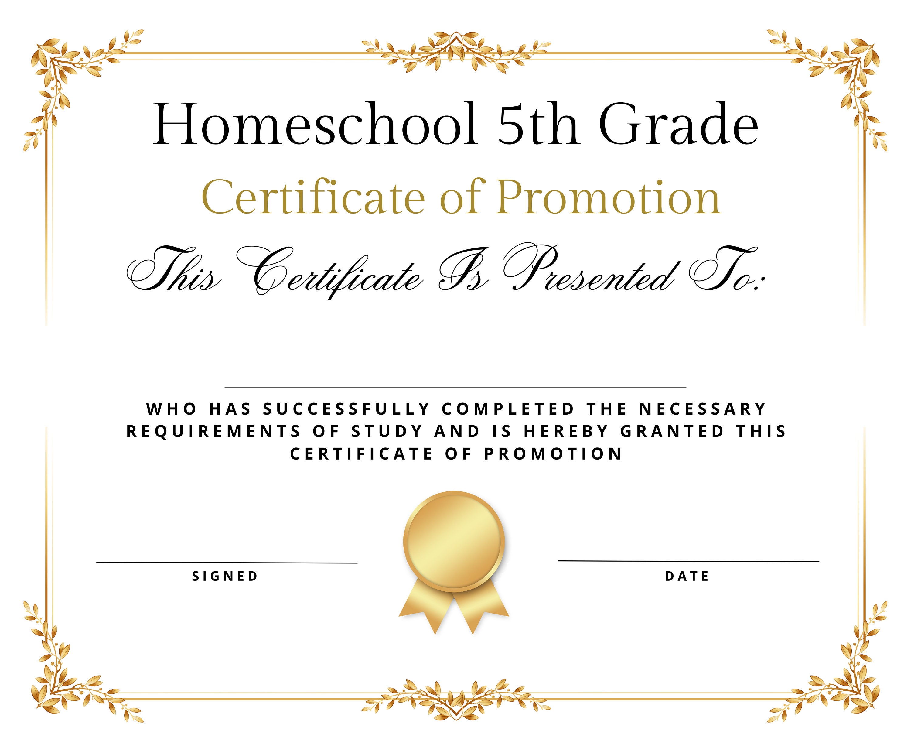 Homeschool 5th Fifth Grade Graduation Diploma Certificate Promotion ...