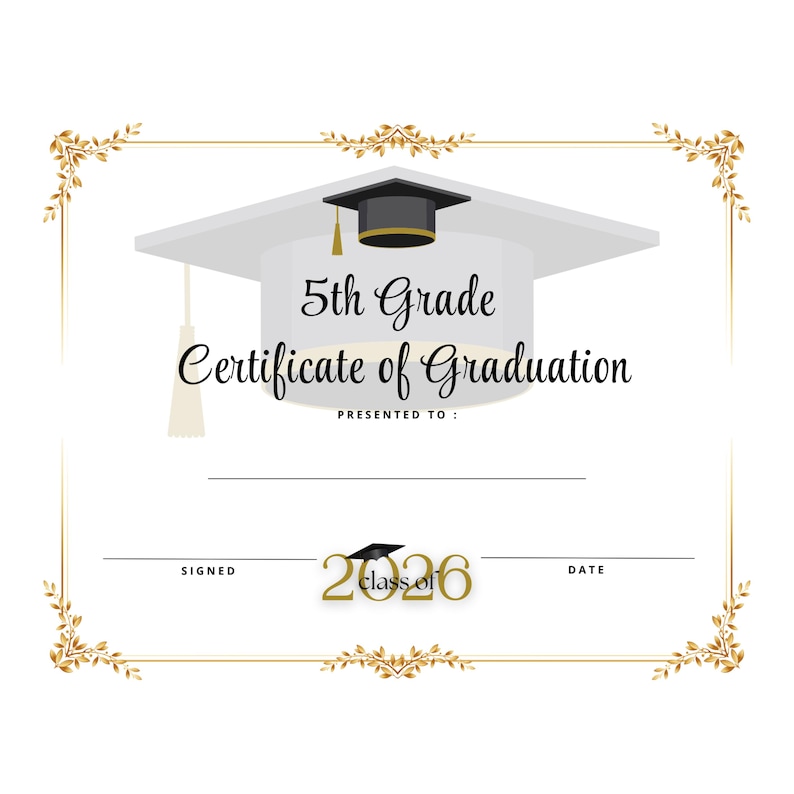 Fifth 5th 2026 Grade Graduation Diploma Certificate - PDF - Instant ...