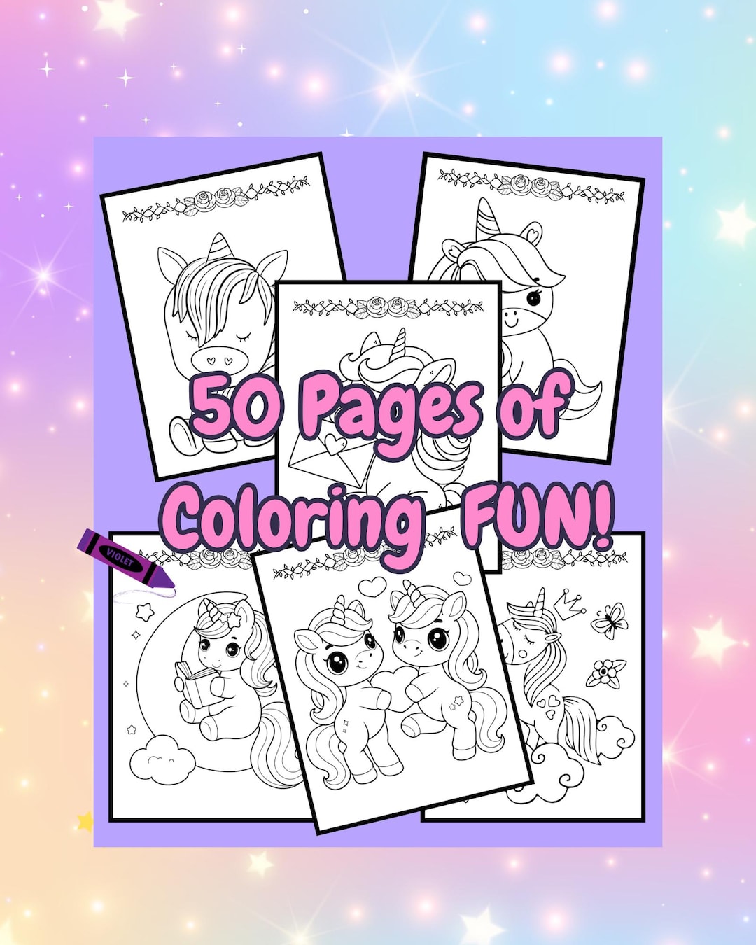 Adorable Unicorn Printable Coloring Pages, Bundle of 50 Sheets, Fun ...