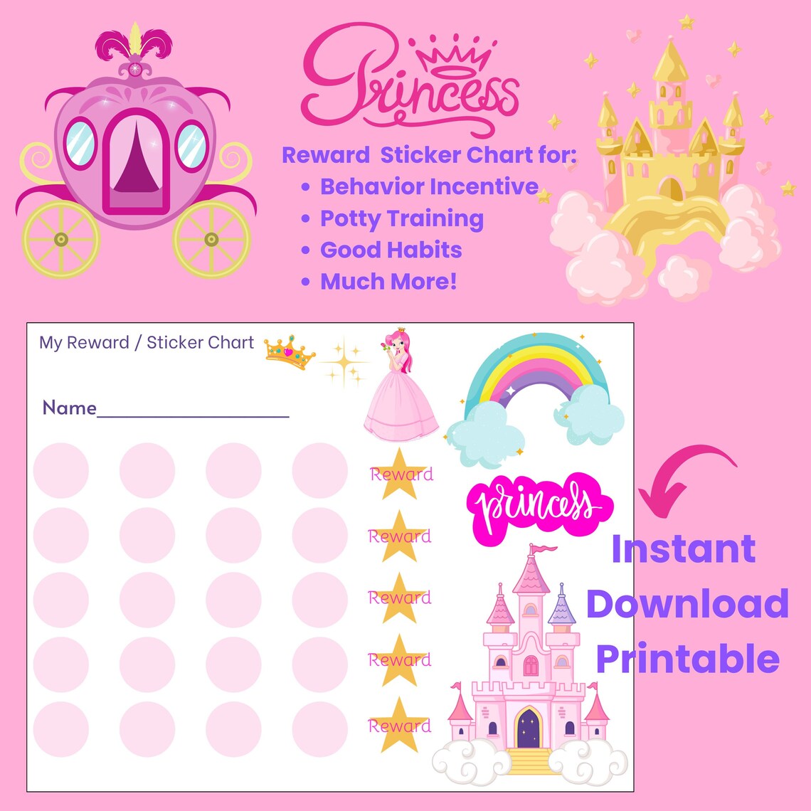 Princess Printable Reward Sticker Chart / Toddler Kids Student / Chore ...