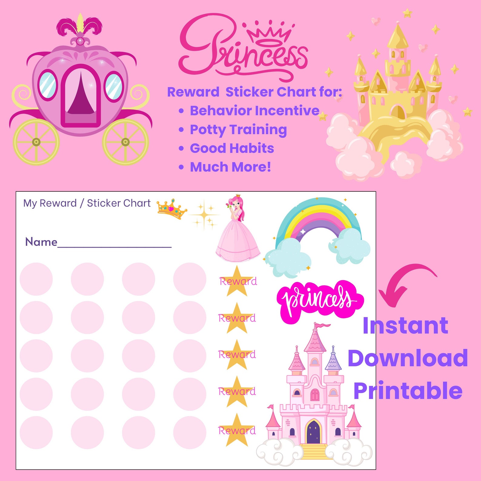 Princess Printable Reward Sticker Chart / Toddler Kids Student / Chore ...