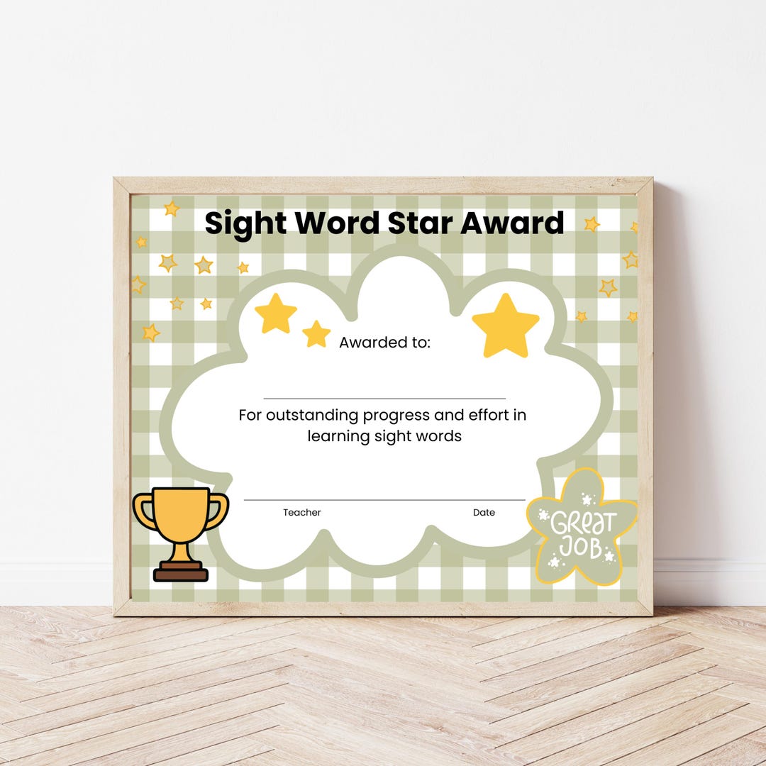 Sight Word Star Student Award Certificate Instant Download Printable ...