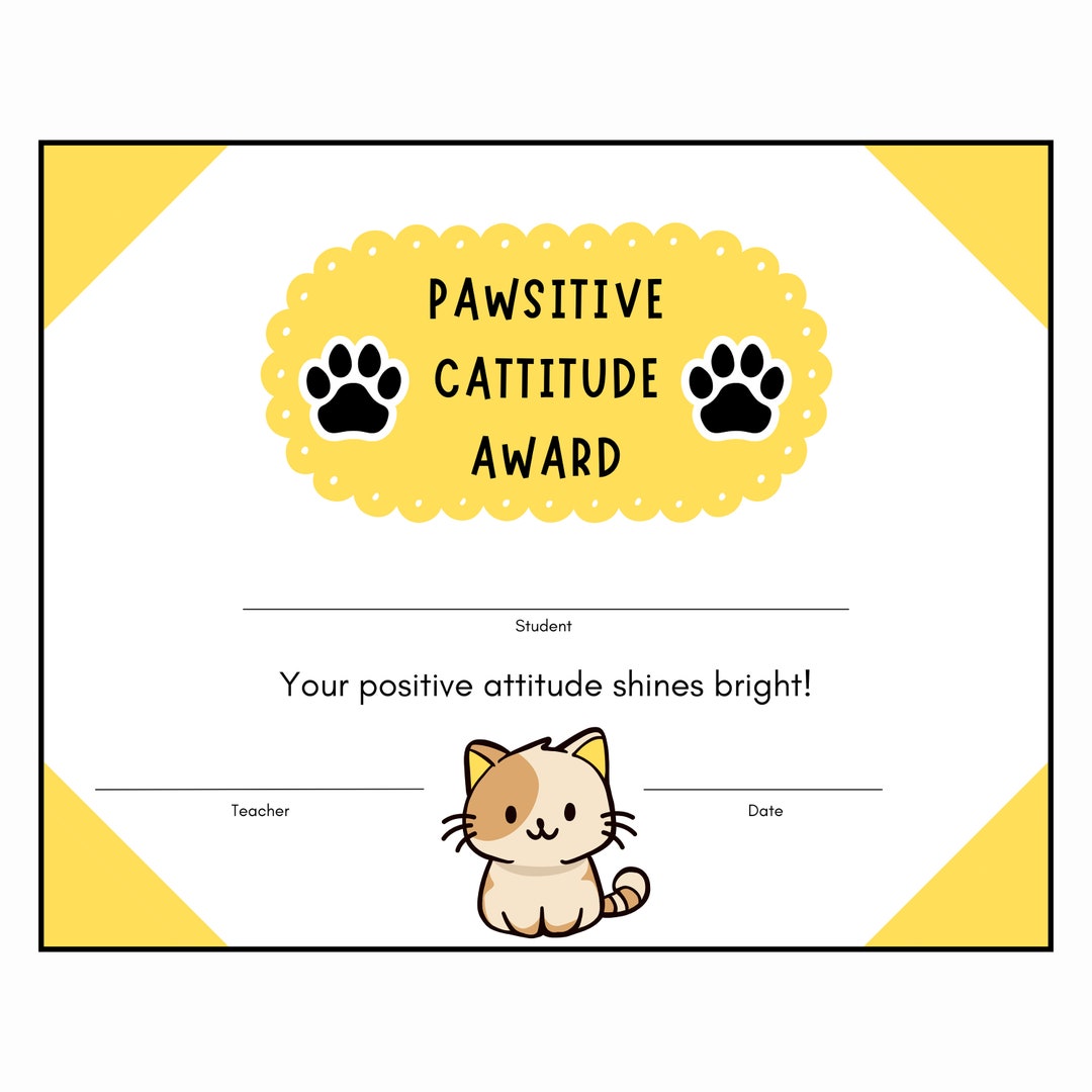 Positive Attitude Cat Theme Certificate Award for Any Age Instant ...