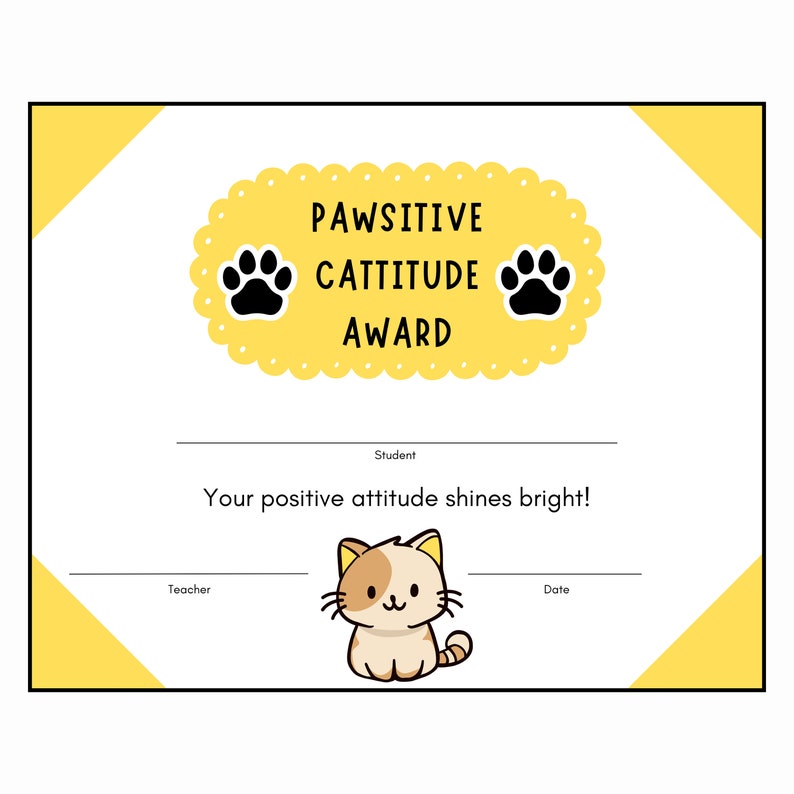 Positive Attitude Cat Theme Certificate Award for Any Age Instant ...