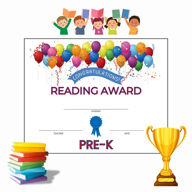 Pre-k Honor's Day Reading Award Certificate Instant Download Balloons ...