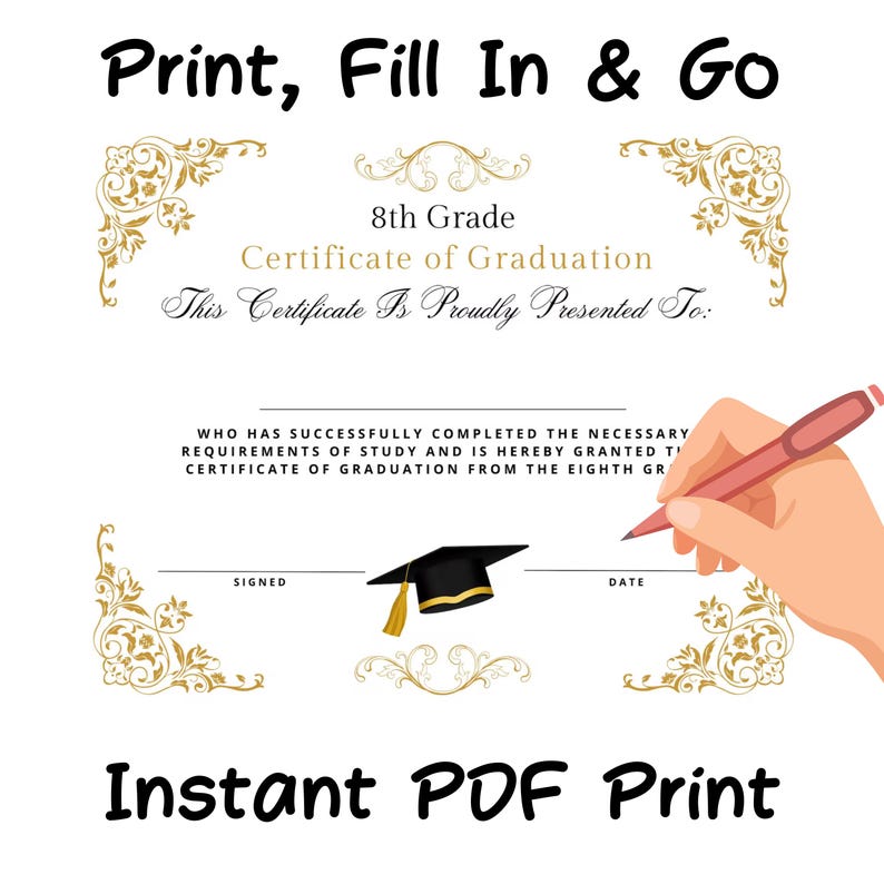 Eighth 8th Grade Graduation Diploma Certificate School Promotion Gold ...