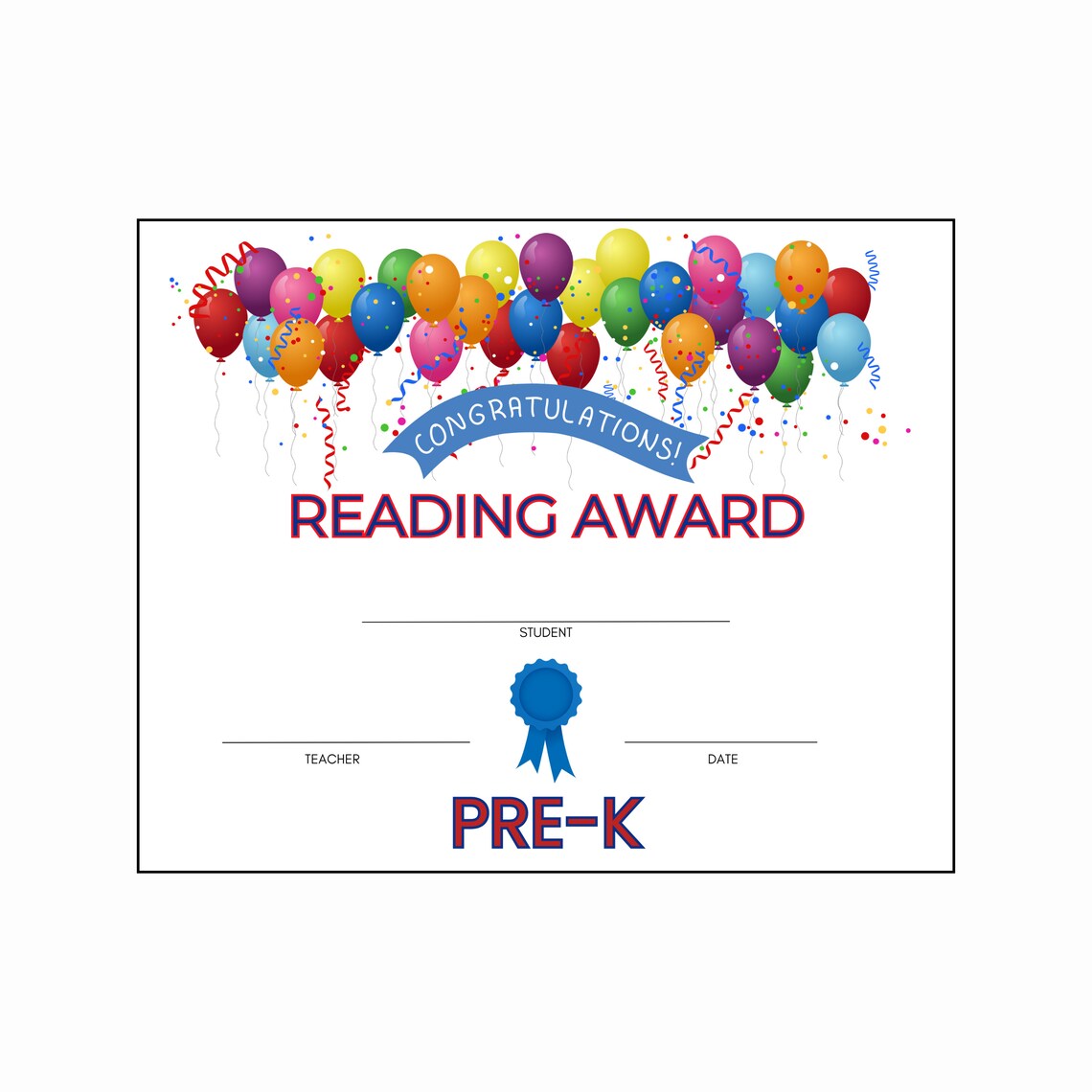 Pre-k Honor's Day Reading Award Certificate Instant Download Balloons ...