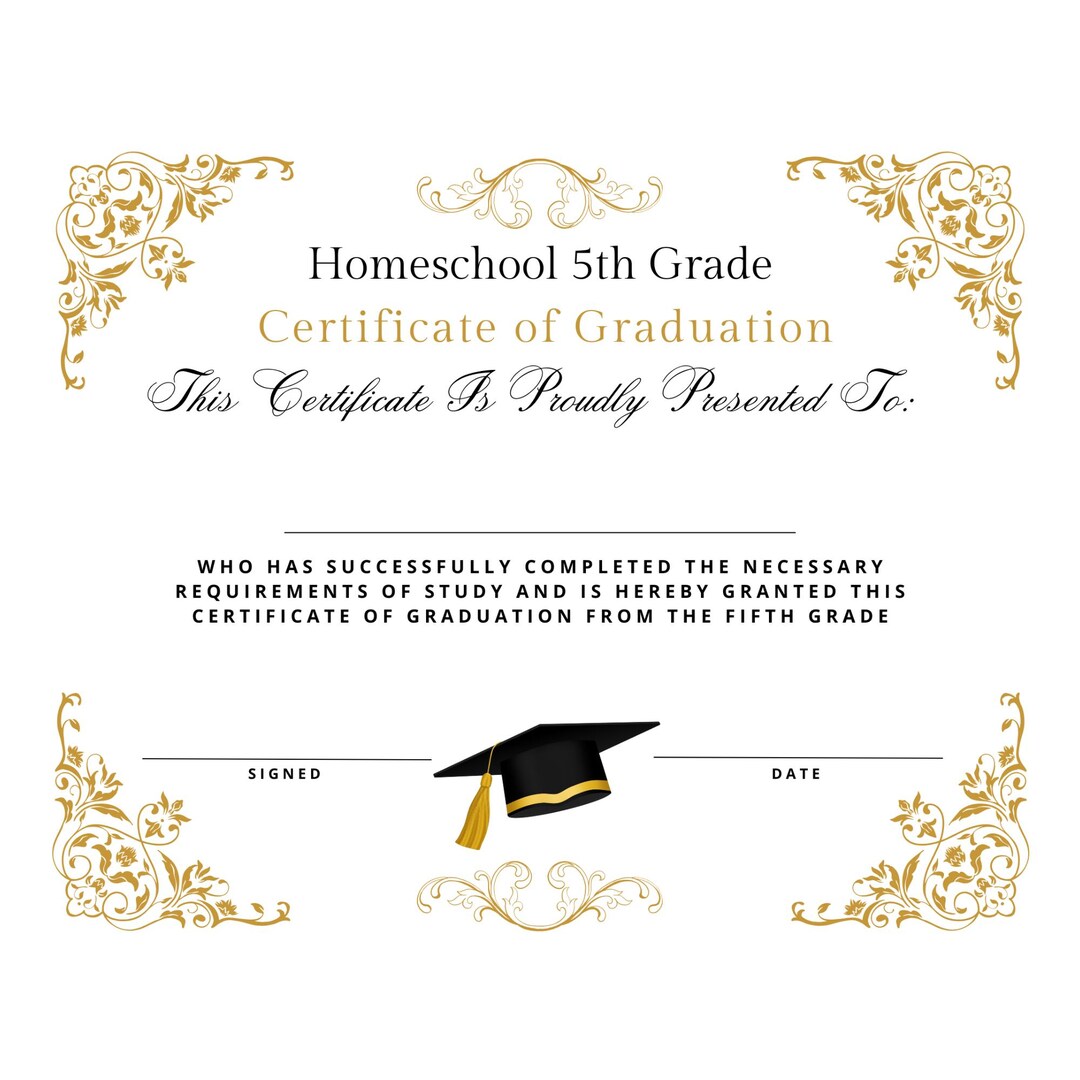Homeschool 5th Fifth Grade Graduation Diploma Certificate School ...