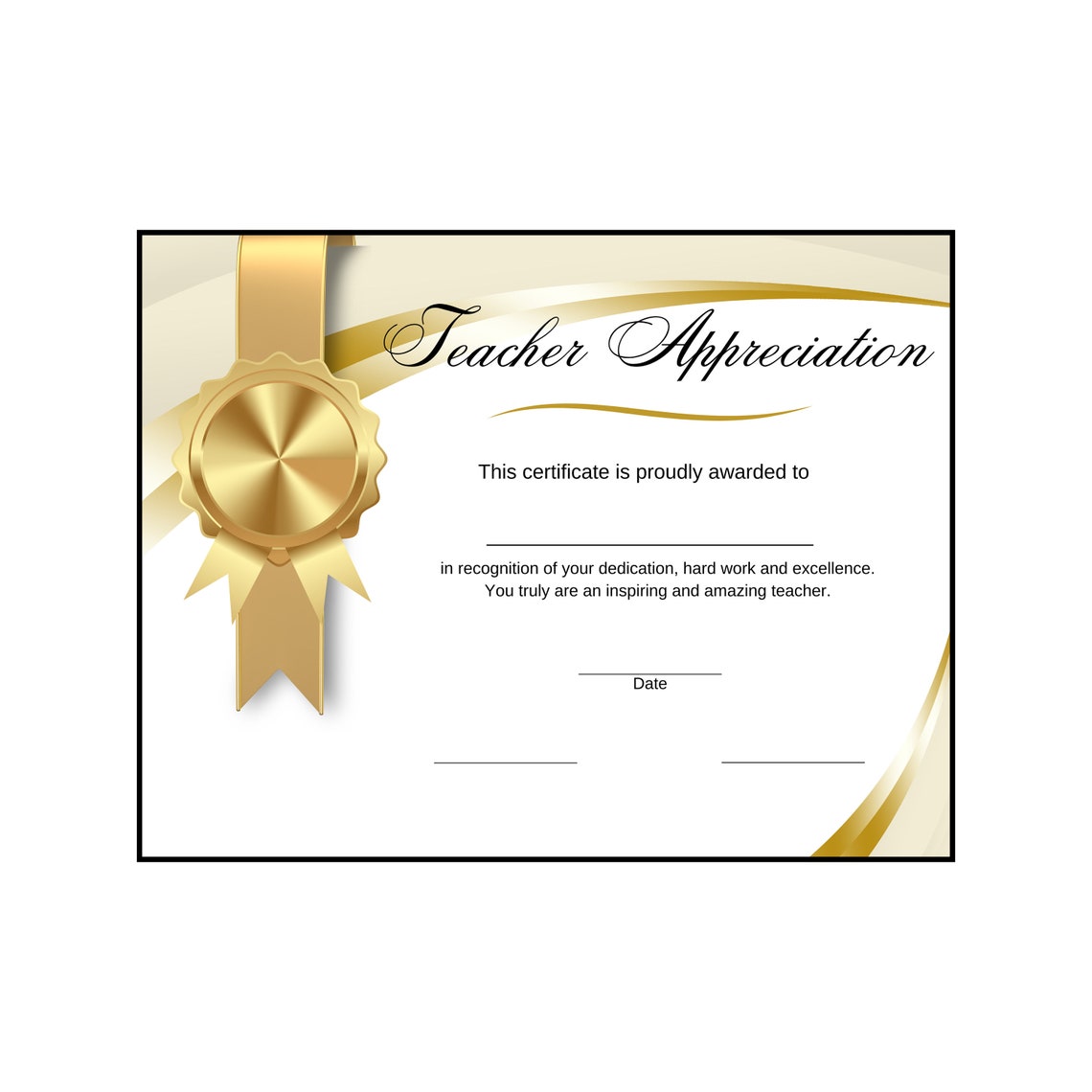 Teacher Certificate of Appreciation Outstanding Teacher Ribbon Instant ...