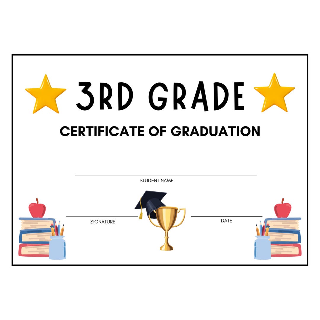 Third 3rd Grade Graduation Diploma Promotion Certificate for Kids ...