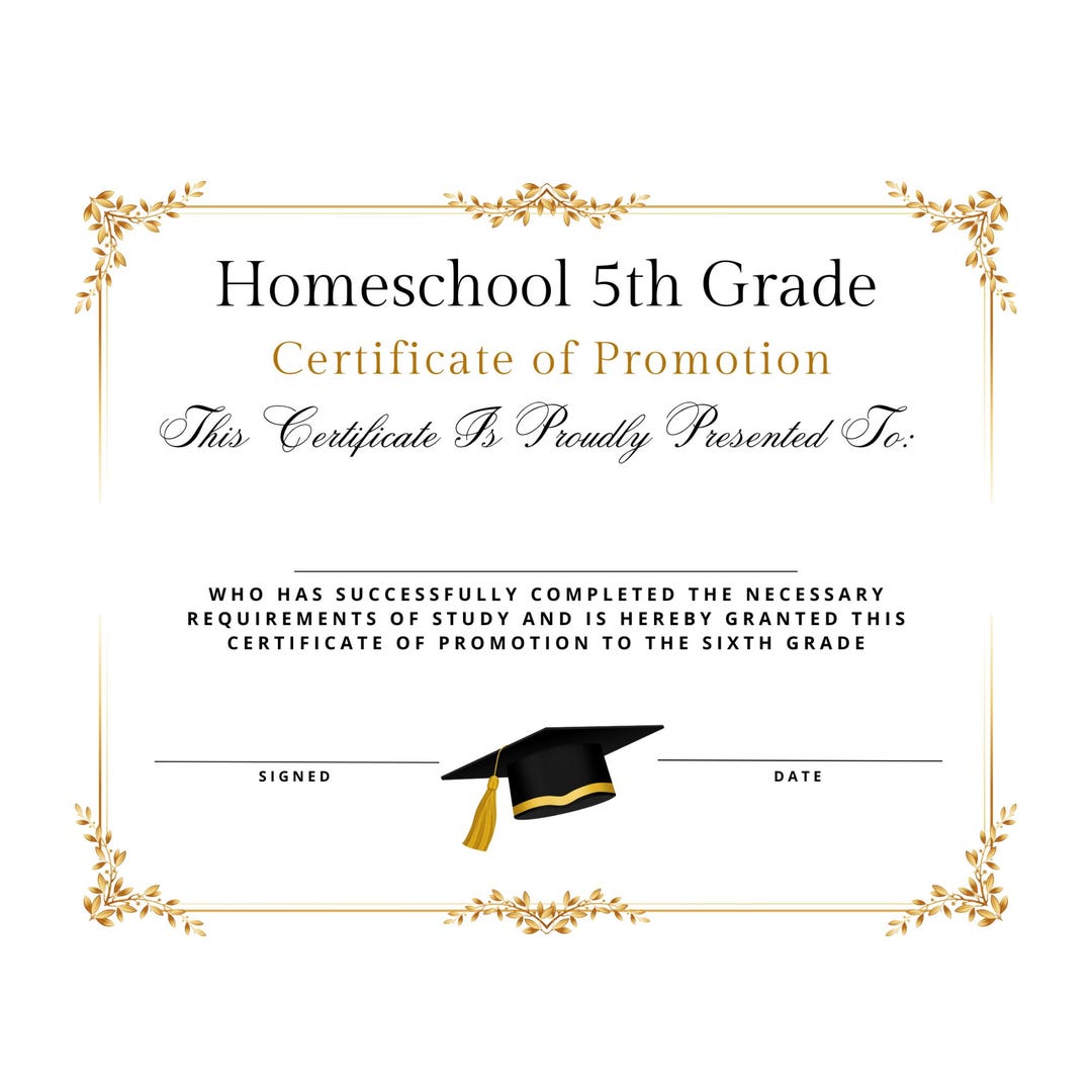 Homeschool 5th Fifth Grade Certificate of Promotion Instant Printable ...
