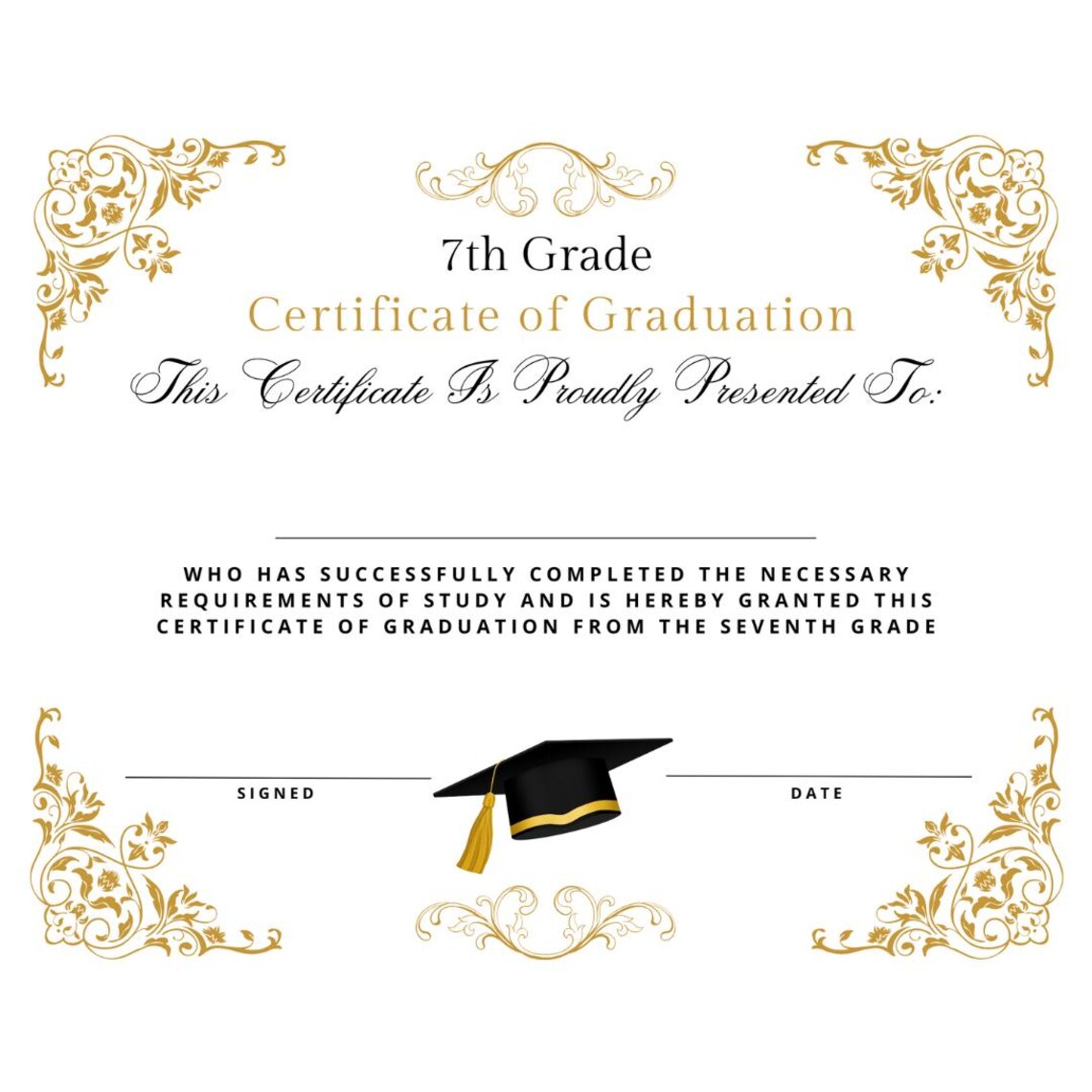 Seventh 7th Grade Certificate of Completion Graduation Diploma Easy ...