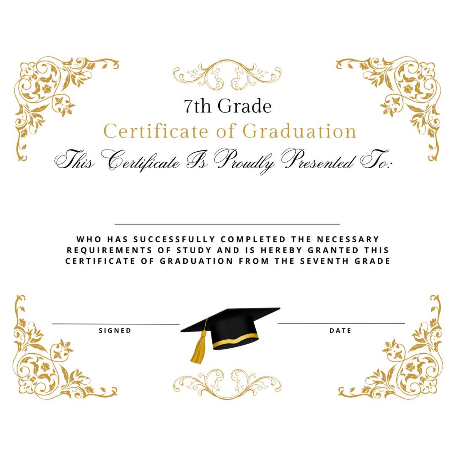 Seventh 7th Grade Certificate of Completion Graduation Diploma Easy ...