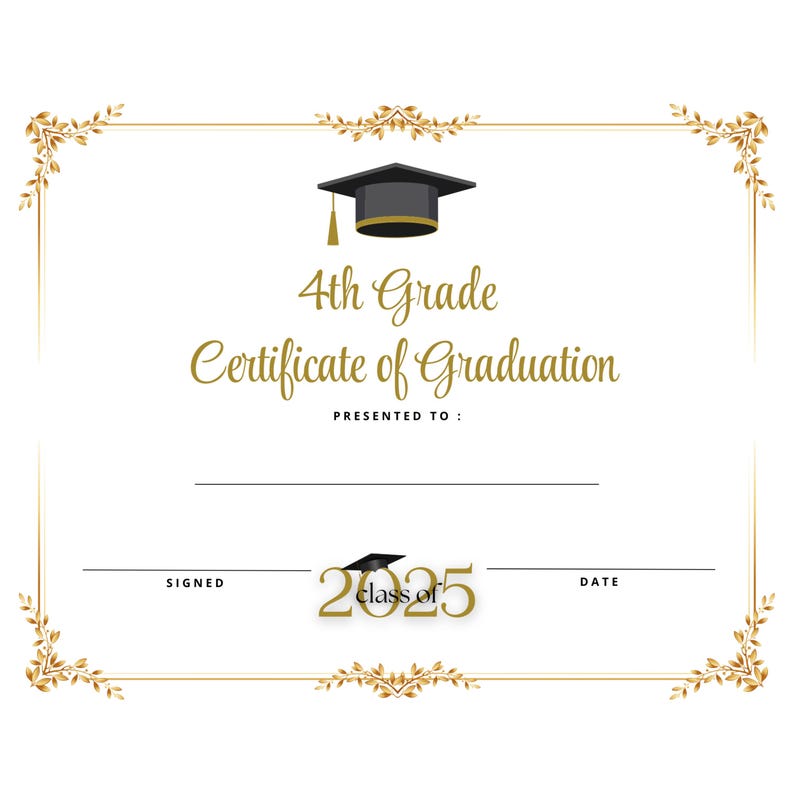 Fourth 4th Grade Promotion Graduation Diploma Certificate Easy Instant ...