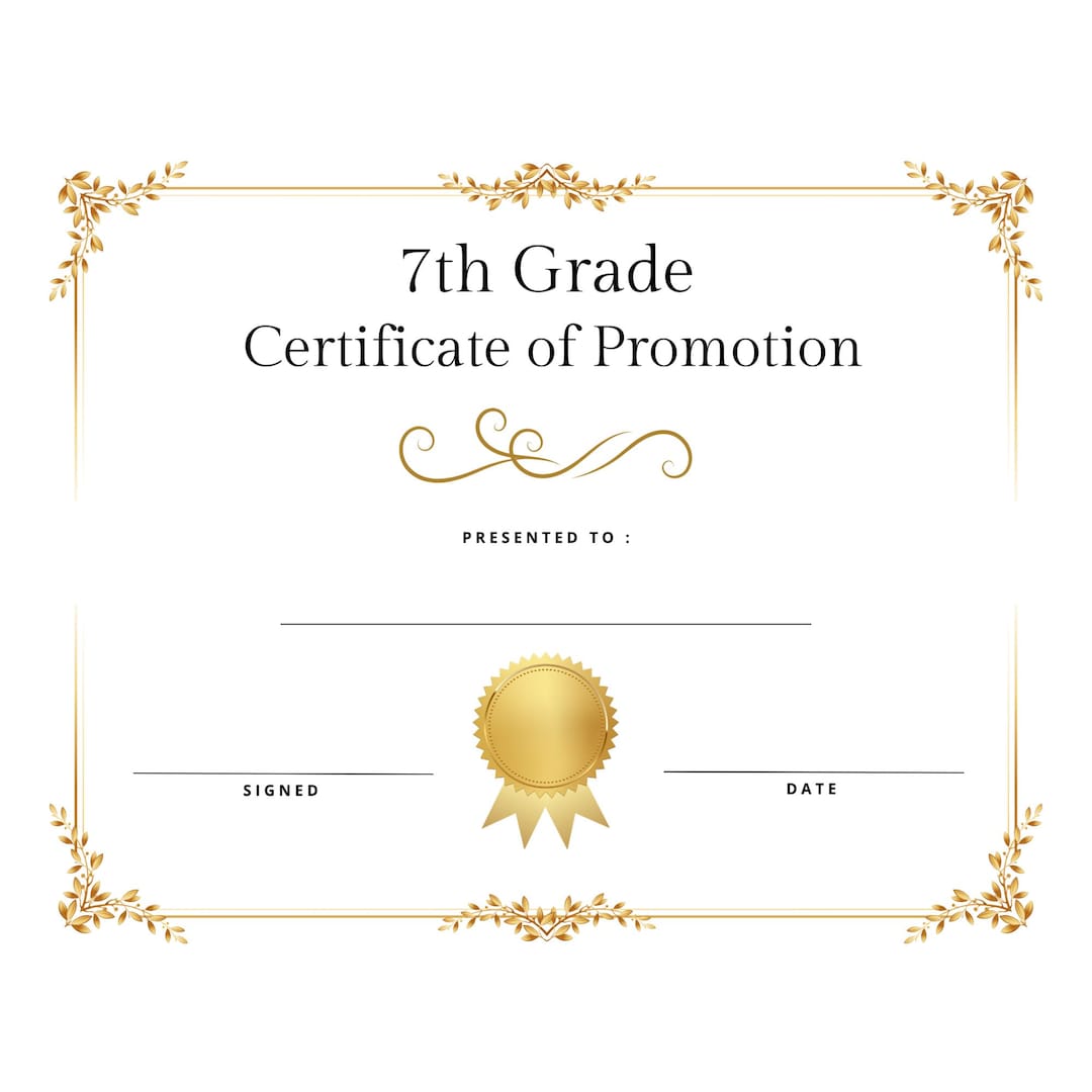 Seventh 7th Grade Promotion Certificate Instant Download Printable ...