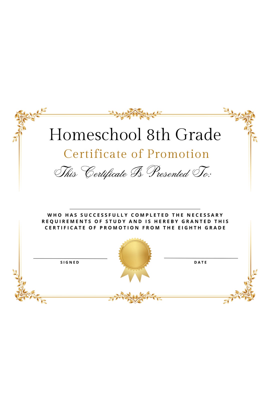 Homeschool 8th Eighth Grade Graduation Diploma Certificate Promoted to ...