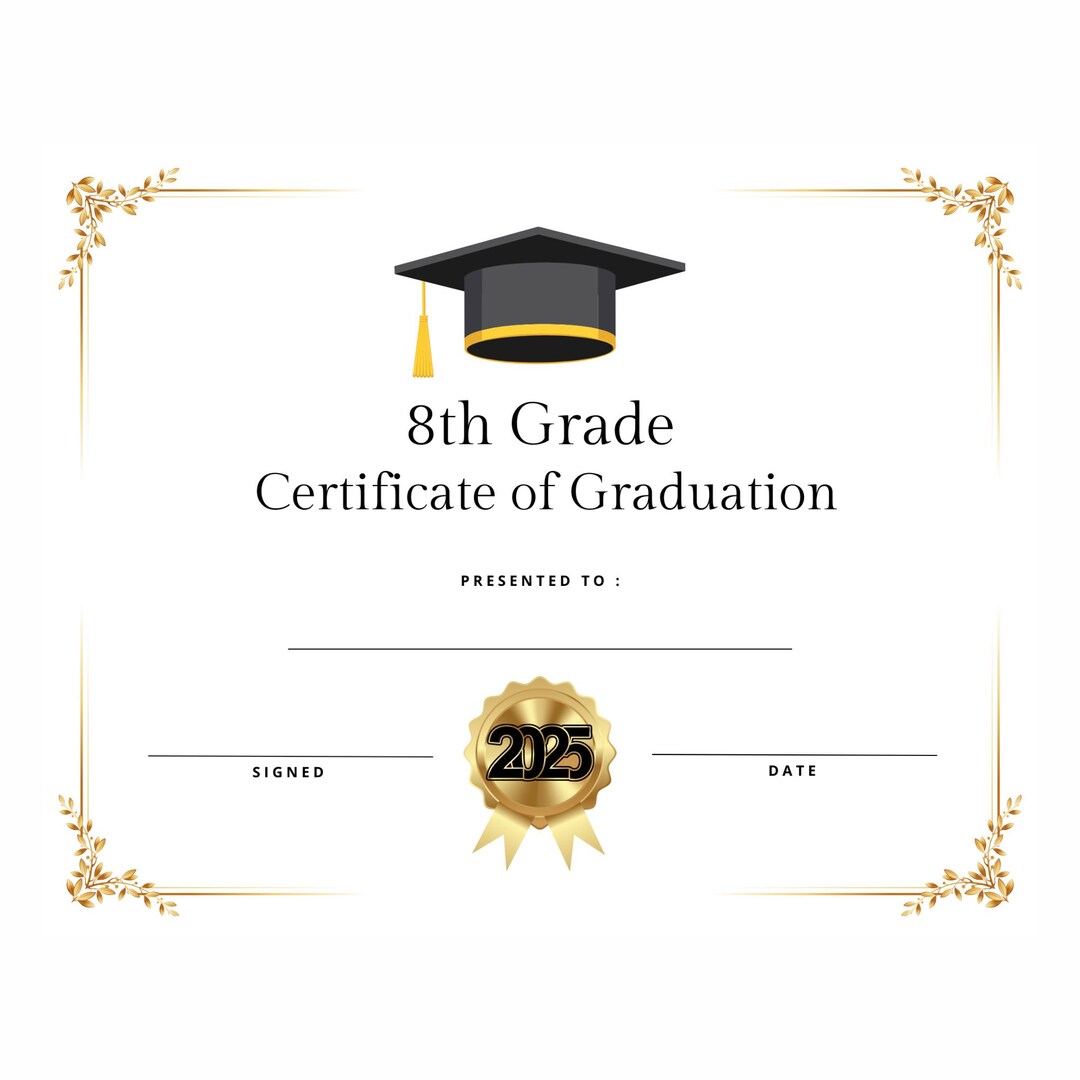 Eighth 8th Grade 2025 Graduation Diploma Award Certificate Instant ...
