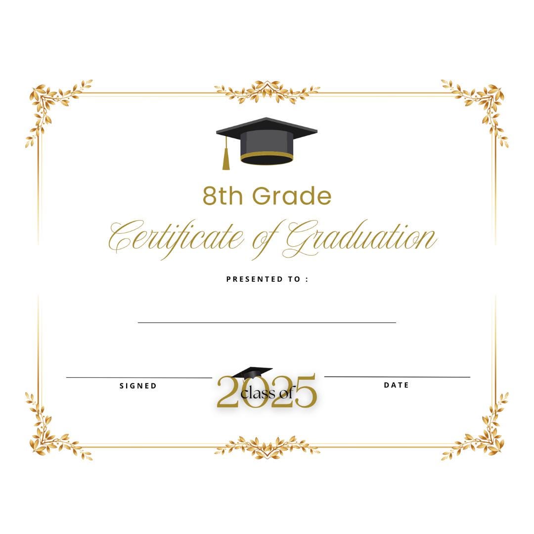 Eighth Grade Graduation Diploma Gold Certificate Pretty Elegant Instant ...