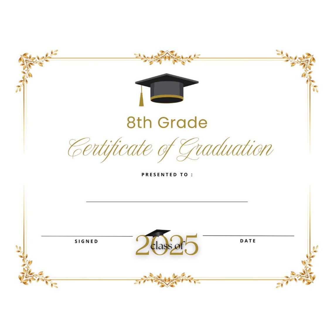 Eighth Grade Graduation Diploma Gold Certificate Pretty Elegant Instant ...