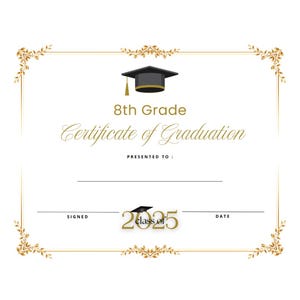 Eighth Grade Graduation Diploma Gold Certificate Pretty Elegant Instant ...