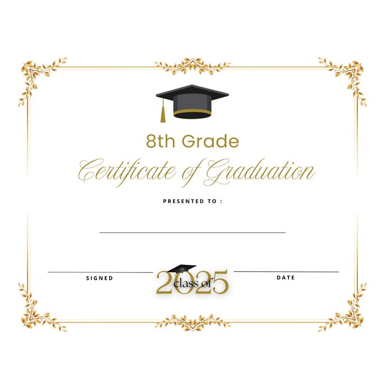 Eighth Grade Graduation Diploma Gold Certificate Pretty Elegant Instant ...