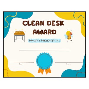 Student Award Certificate for Cleanest Desk Instant Download Printable ...
