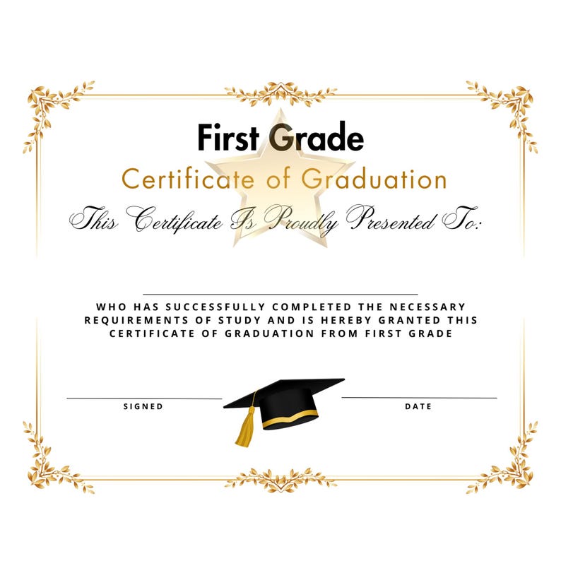 First 1st Grade Graduation Diploma Certificate Promotion Instant Easy ...
