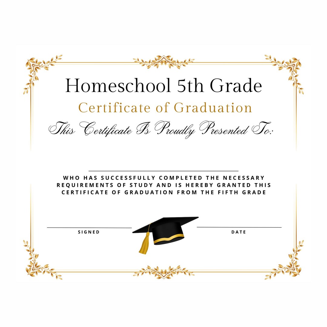 Homeschool 5th Fifth Grade Graduation Diploma Certificate School ...