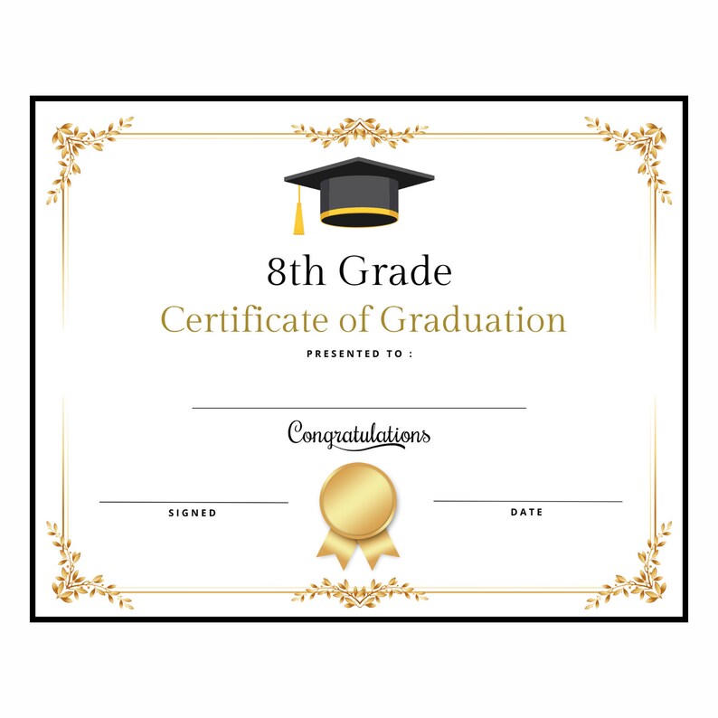 Eighth Grade Graduation Diploma Certificate Instant Download Printable ...