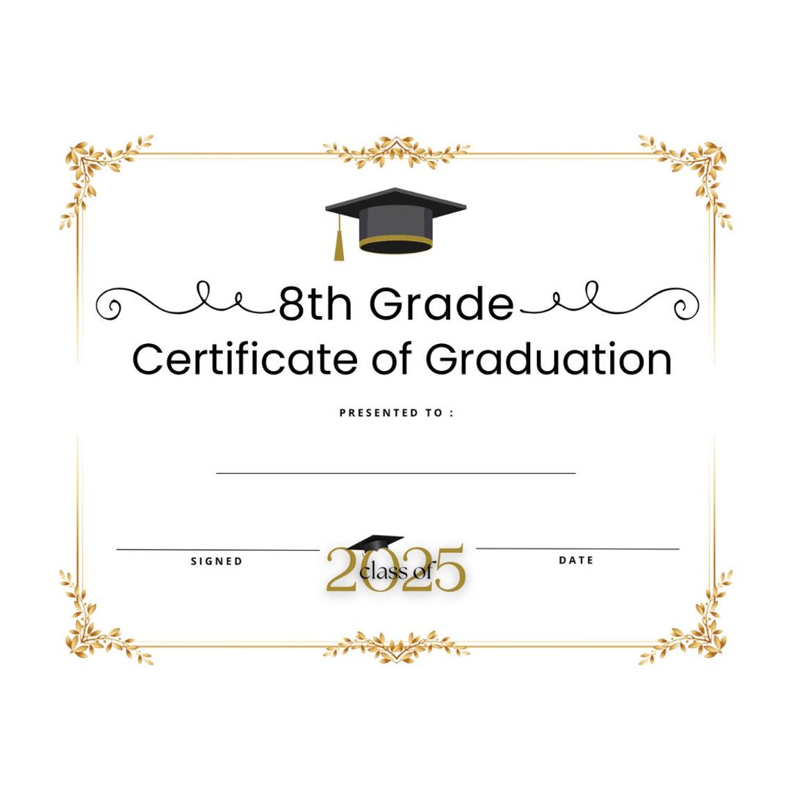 Eighth Grade Graduation Diploma Certificate Pretty Elegant Instant ...