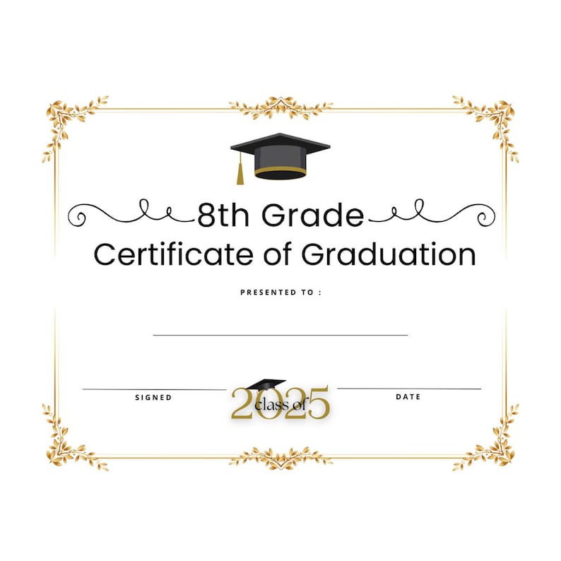 Eighth Grade Graduation Diploma Certificate Pretty Elegant Instant ...