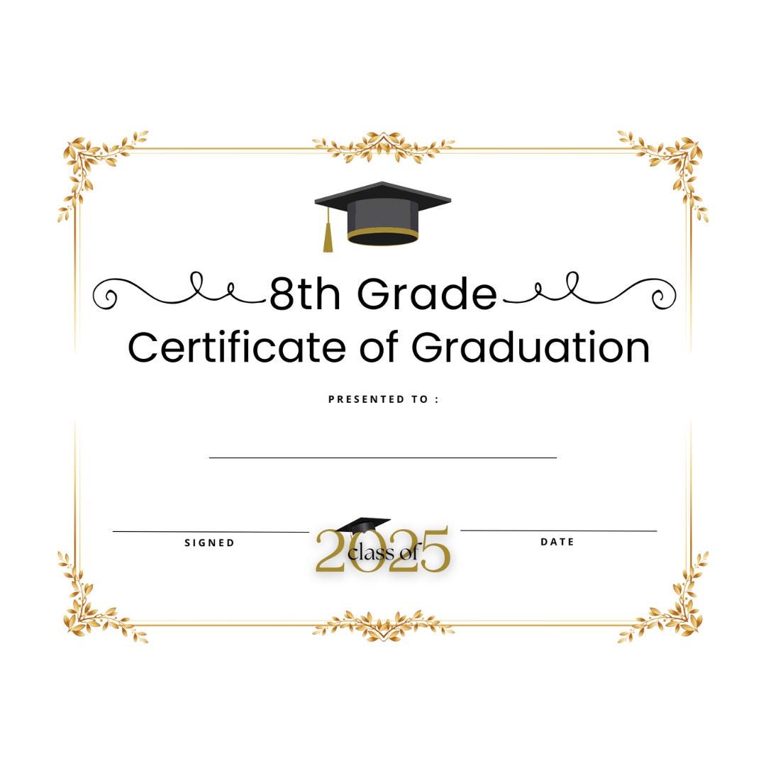 Eighth Grade Graduation Diploma Certificate Pretty Elegant Instant ...