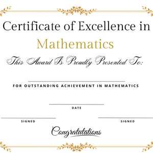 Math Excellence Award Graduation Certificate Mathematics Instant ...