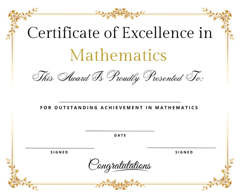 Math Excellence Award Graduation Certificate Mathematics Instant ...