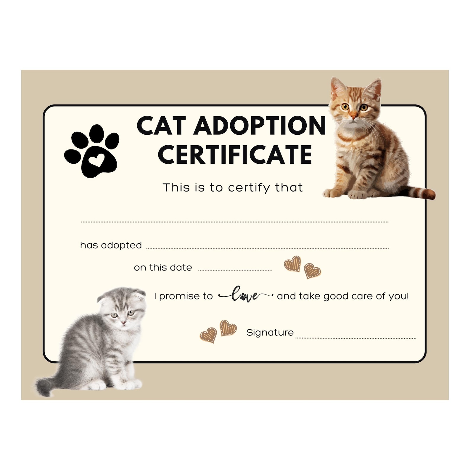 Cat Adoption Certificate Instant Printable for Real or Pretend Cat ...