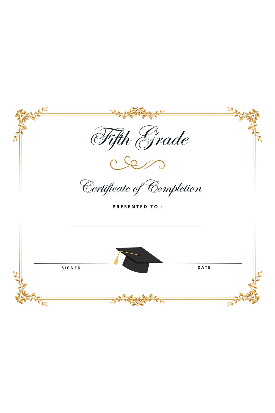 Class Certificate of Completion 5th Fifth Grade Graduation Diploma ...