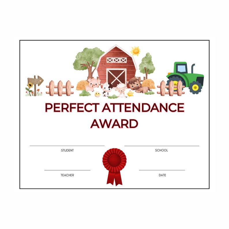 Farm Theme Perfect Attendance Student Award Graduation Certificate ...