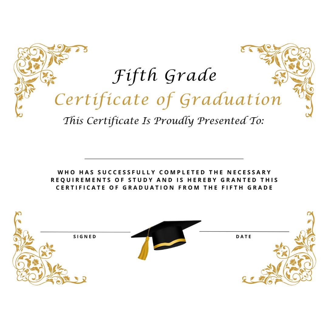 Fifth Grade Graduation Diploma Certificate Instant Download Printable ...