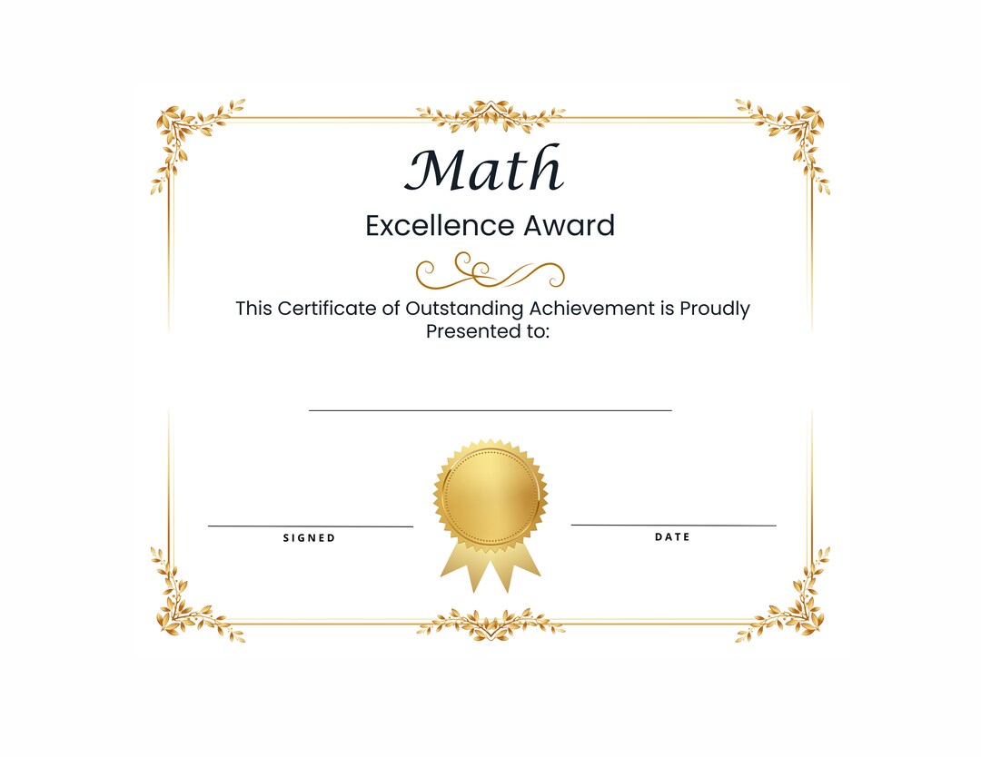 Math Excellence Certificate Achievement Award Any Age Grade Level ...