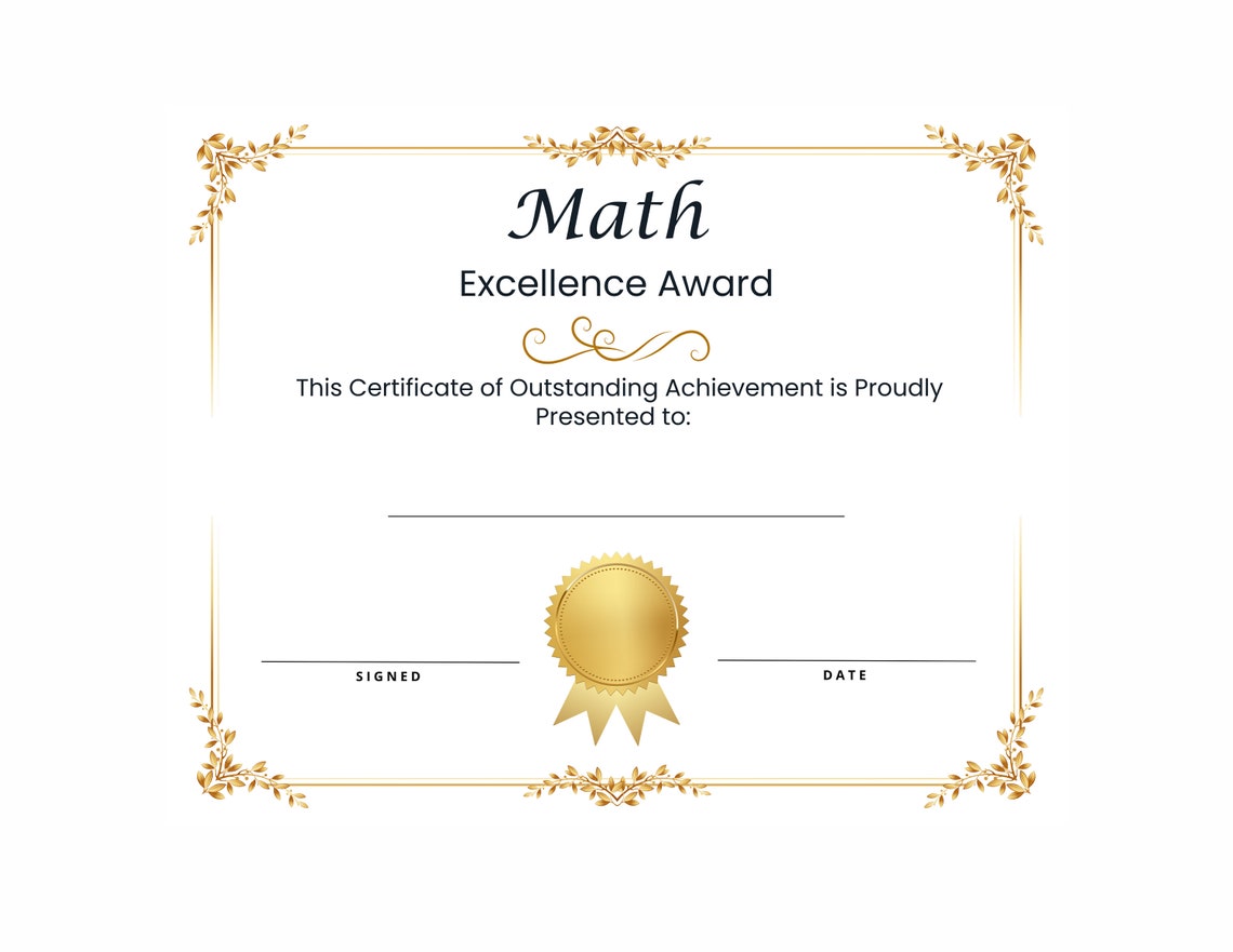 Math Excellence Certificate Achievement Award Any Age Grade Level ...
