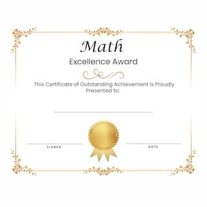Math Excellence Certificate Achievement Award Any Age Grade Level ...