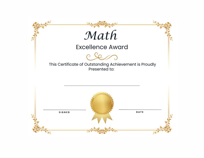 Math Excellence Certificate Achievement Award Any Age Grade Level ...