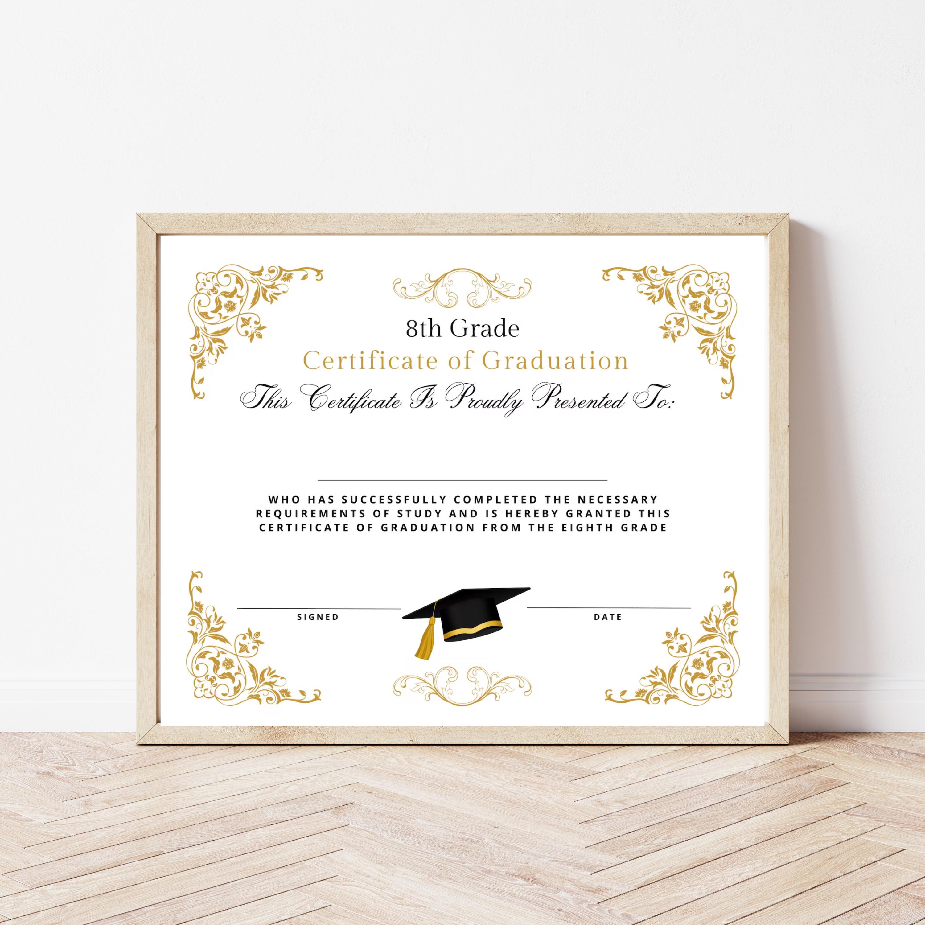 Eighth 8th Grade Graduation Diploma Certificate School Promotion Gold ...