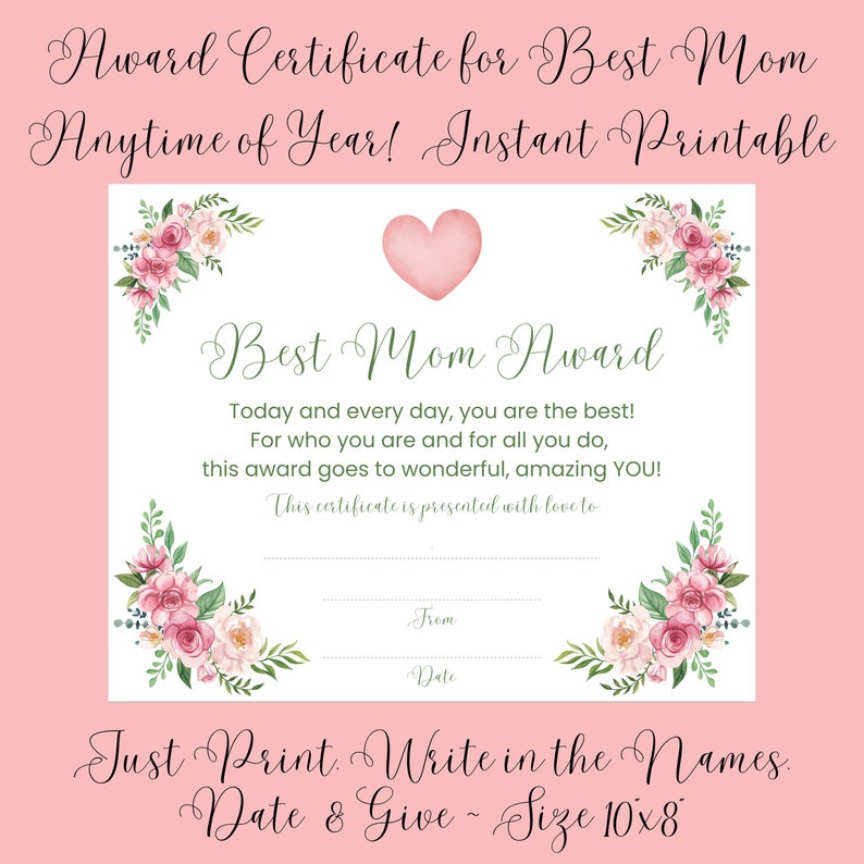 Best Mom Certificate Award Appreciation Roses and Heart Premade Ready ...